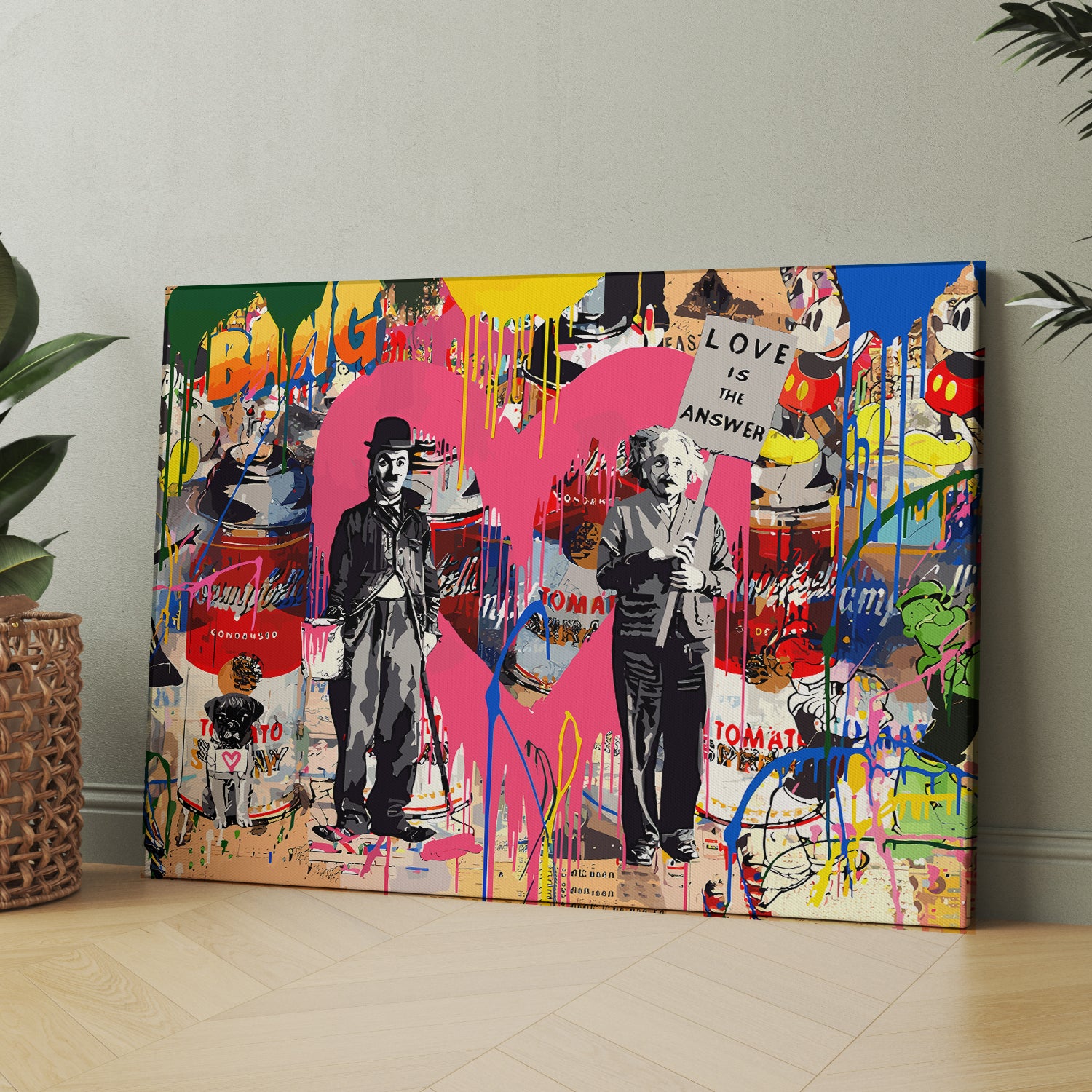 Charlie Chaplin and Albert Einstein Vibrant Pop Art Canvas Painting – Kotart
