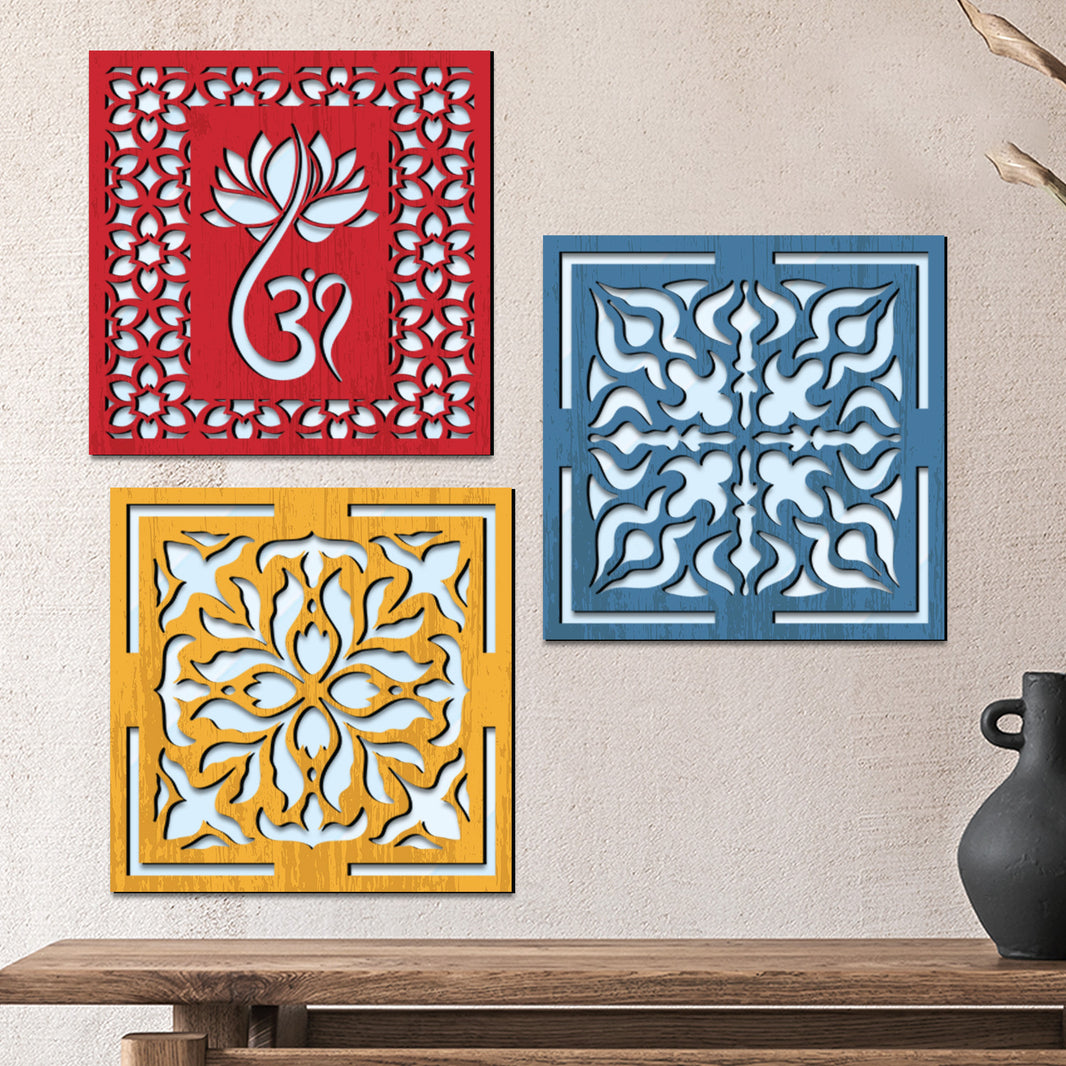 Om & Swastik Design Wall Mirror Set for Mandir Decor | Temple Wall ...