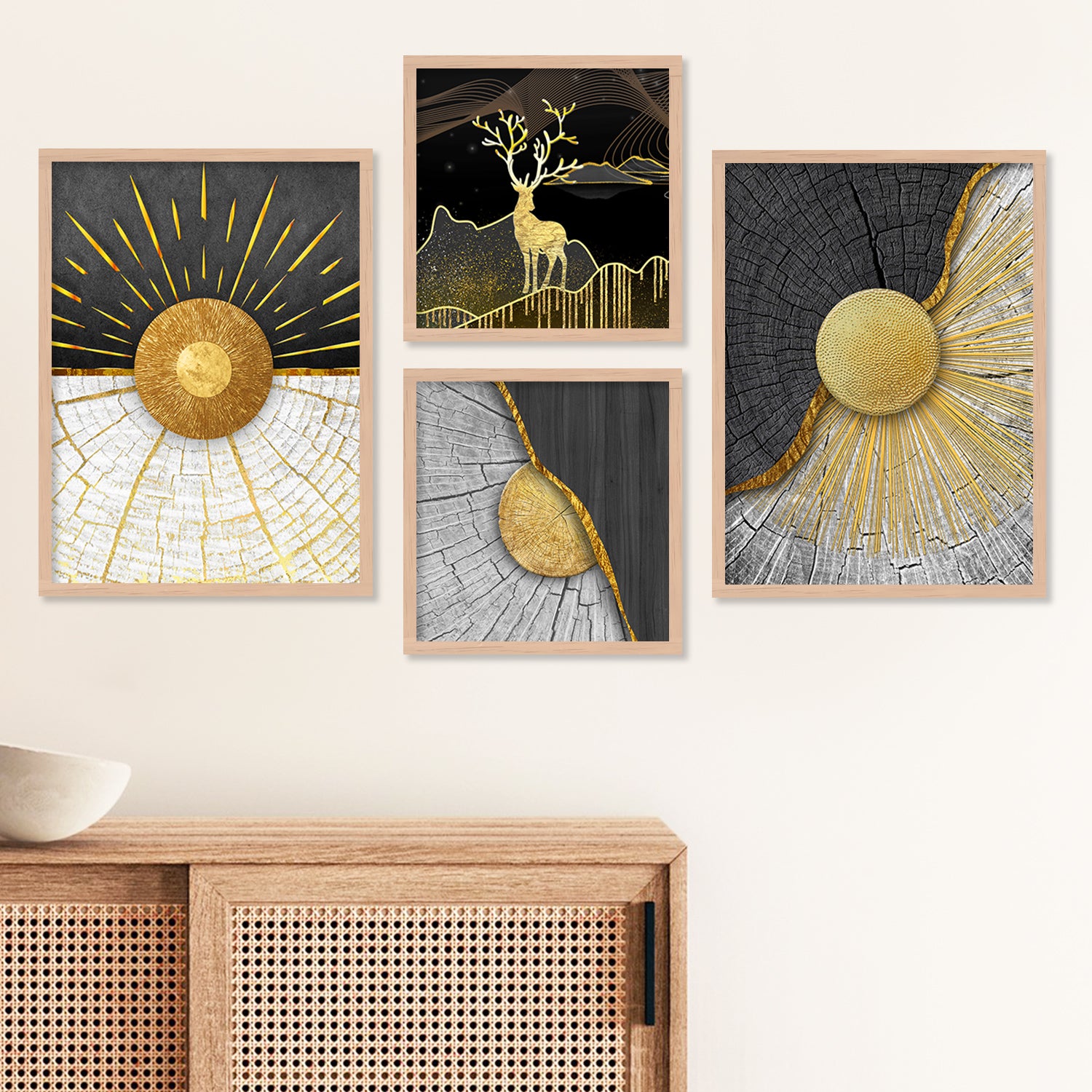 Black and Golden Modern Art Framed Painting Combo for Home Living Room ...