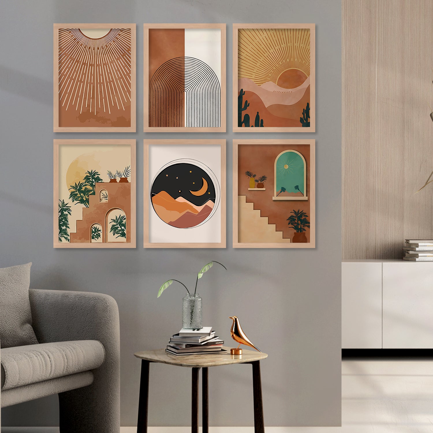 Boho Art Framed Posters for Home Living Room Bedroom Wall Decor Set of ...