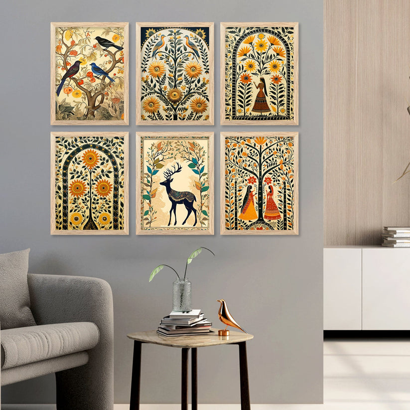 Traditional Indian Inspired Madhubani Art Prints with Frame for Living ...