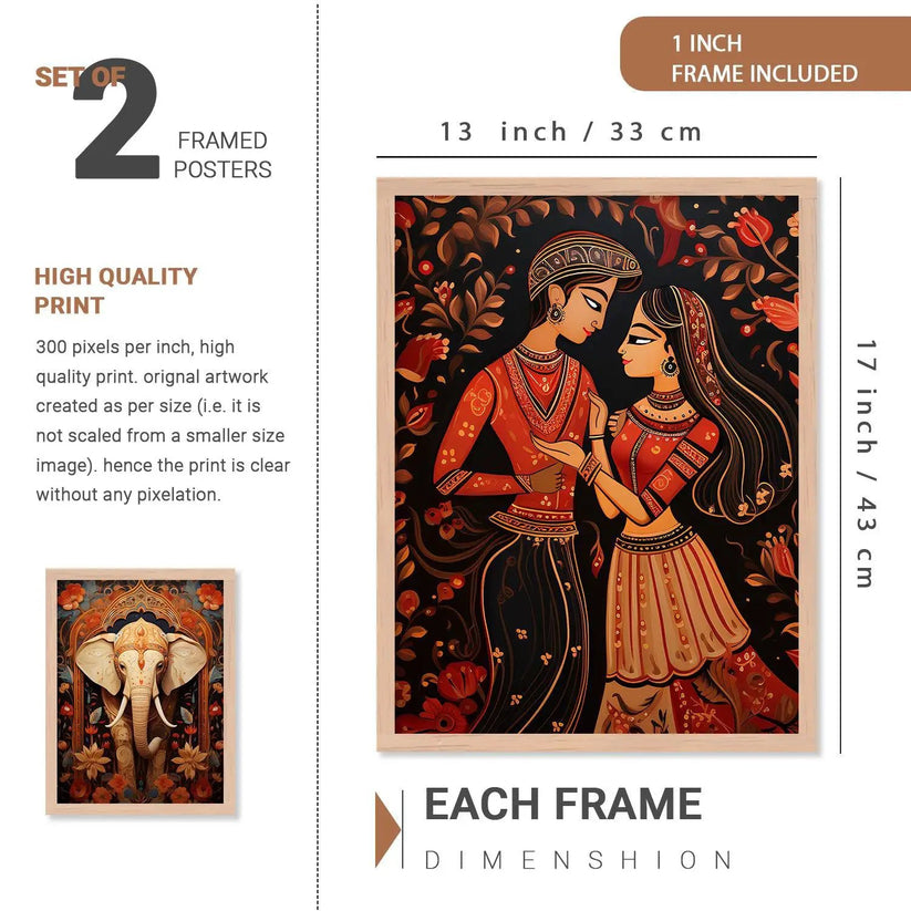 Traditional Indian Inspired Madhubani Art Prints with Frame for Living ...