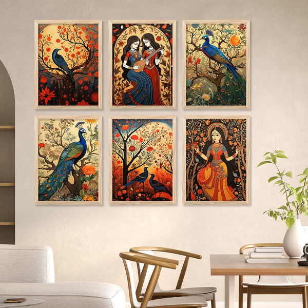 Traditional Indian Inspired Madhubani Art Prints with Frame for Living ...
