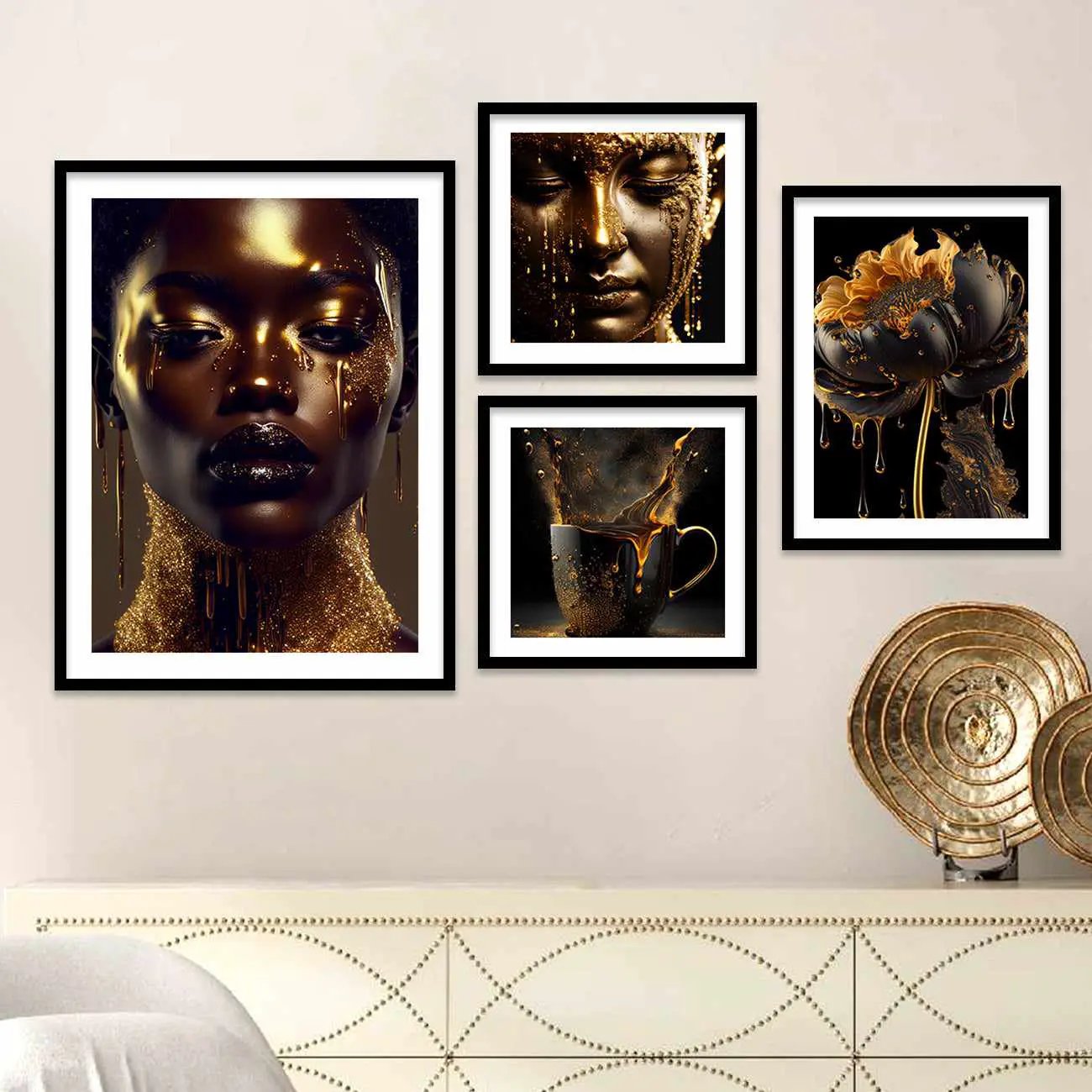Luxury Gold Gallery Wall Posters Set with Frame - Golden Theme Prints ...