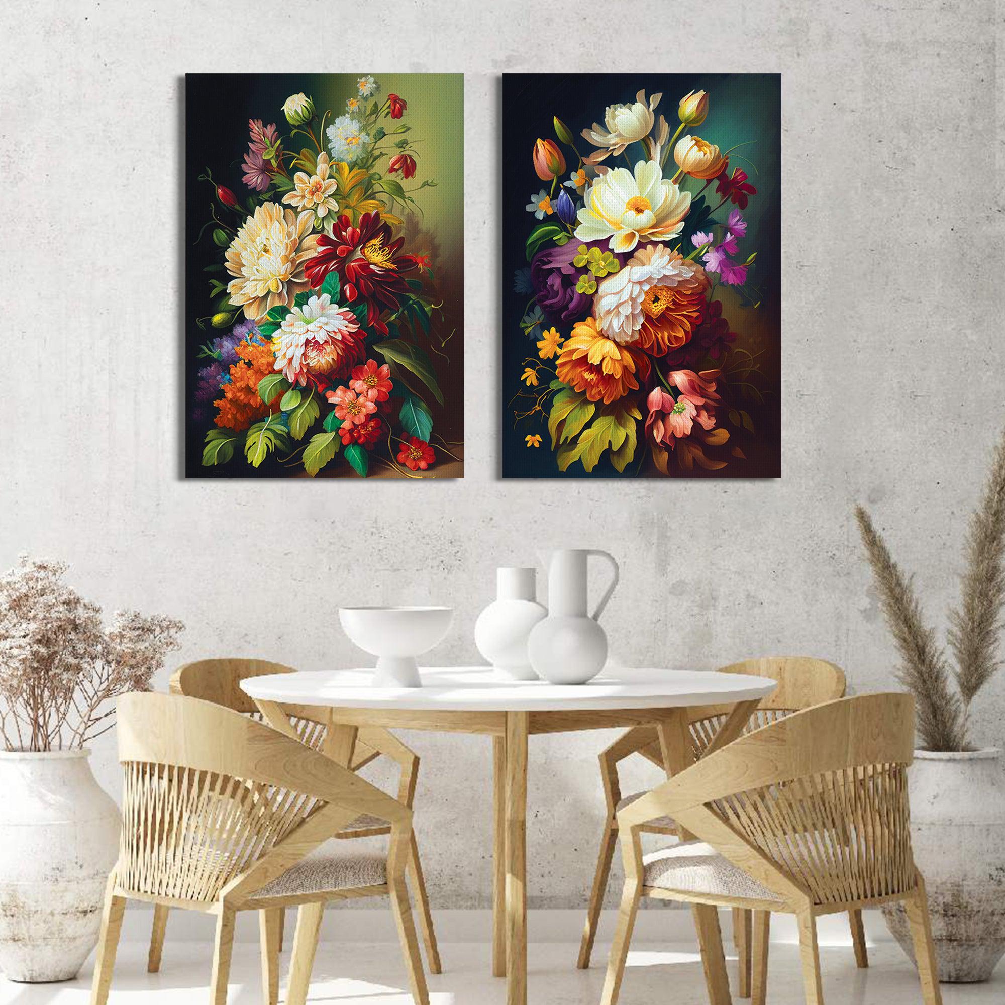Vibrant Floral Canvas Painting - Set of 2 Colorful Canvas Art - Kotart